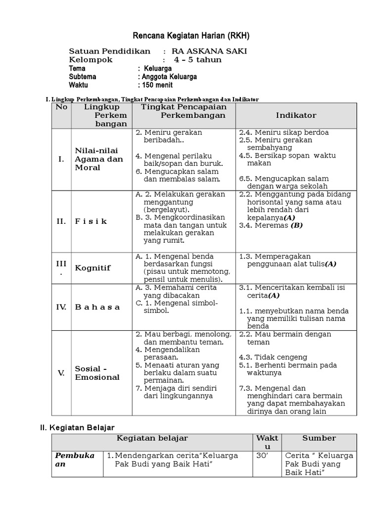 Rencana Kerja Harian PAUD 4-5 Tahun Tema 2. Keluarga Minggu Ke 5 | PDF