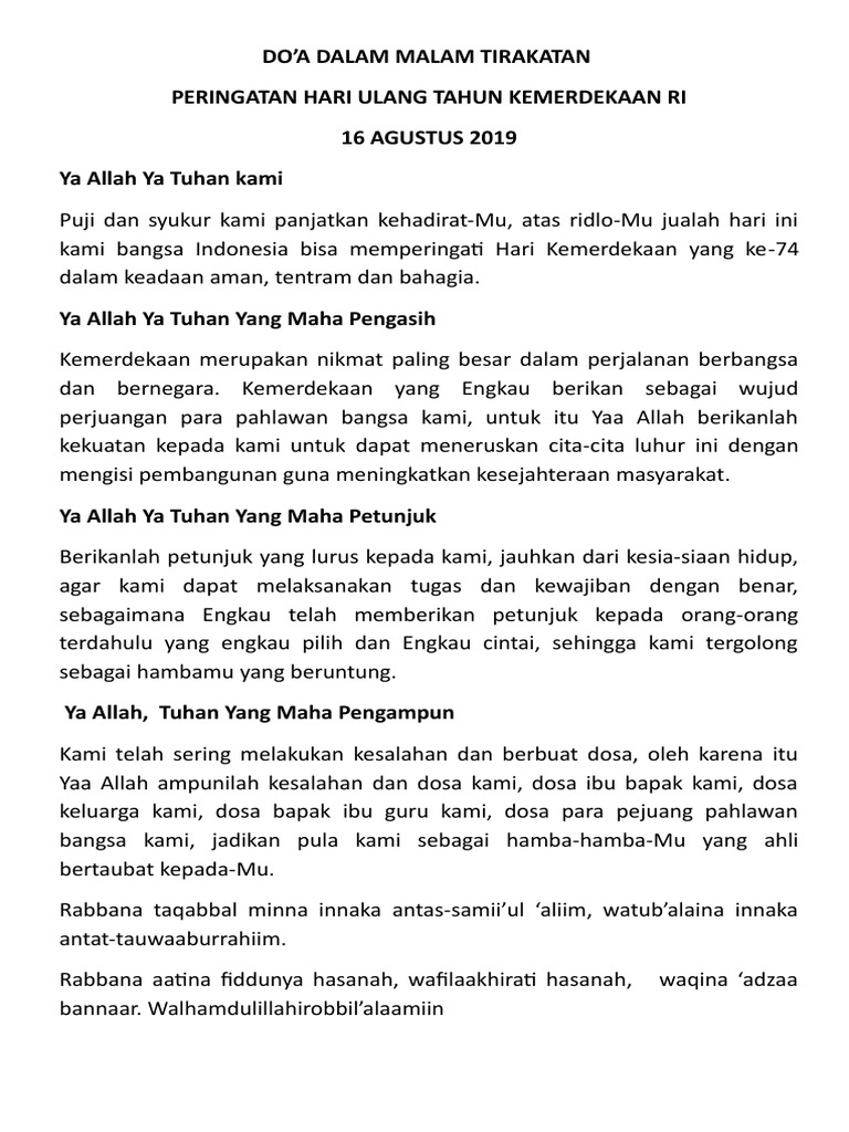 Do'A Dalam Malam Tirakatan Peringatan Hari Ulang Tahun Kemerdekaan Ri 16 AGUSTUS 2019 Ya Allah ...
