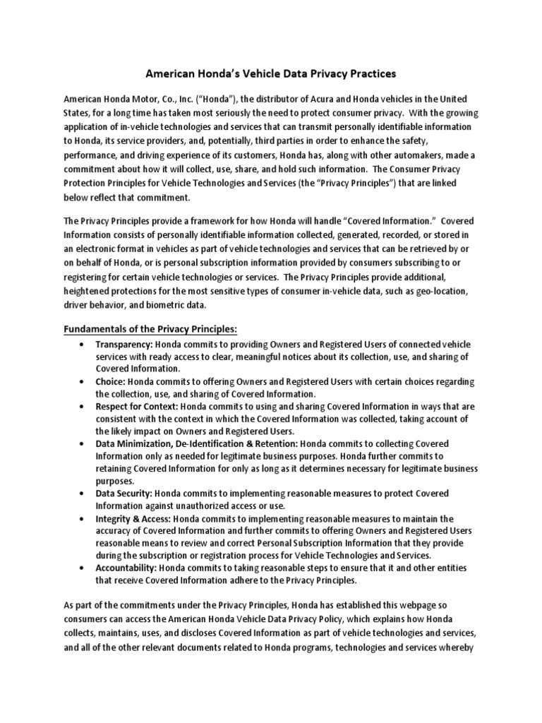 American Honda's Vehicle Data Privacy Practices: Fundamentals of The ...
