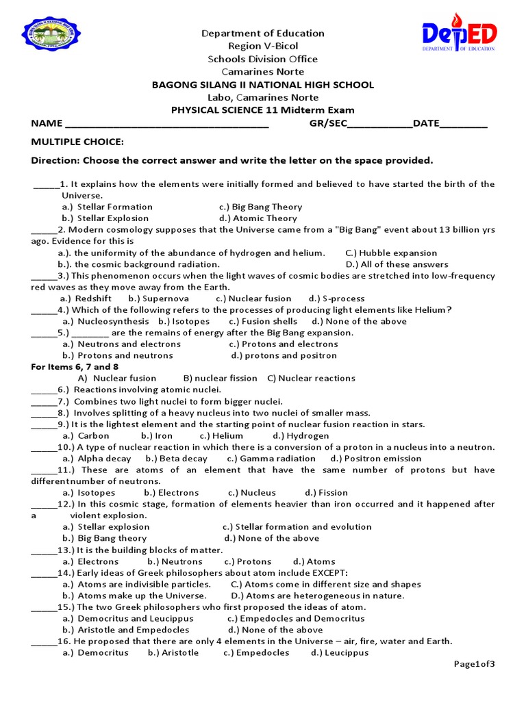 Physical Science 1st Quater Exam | PDF | Atoms | Chemical Polarity