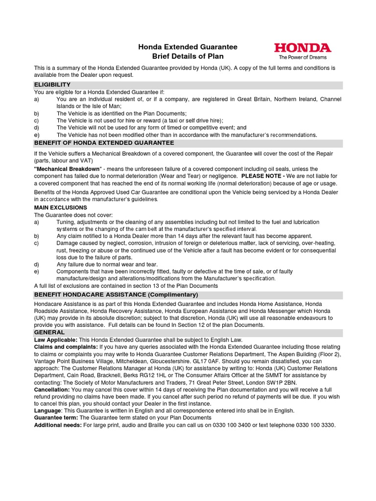 Honda Extended Guarantee Brief Details of Plan: Eligibility | PDF ...