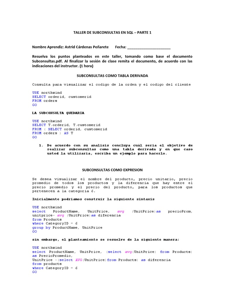Taller de Sub Consultas en SQL-1.1 | PDF | SQL | Gestión de datos