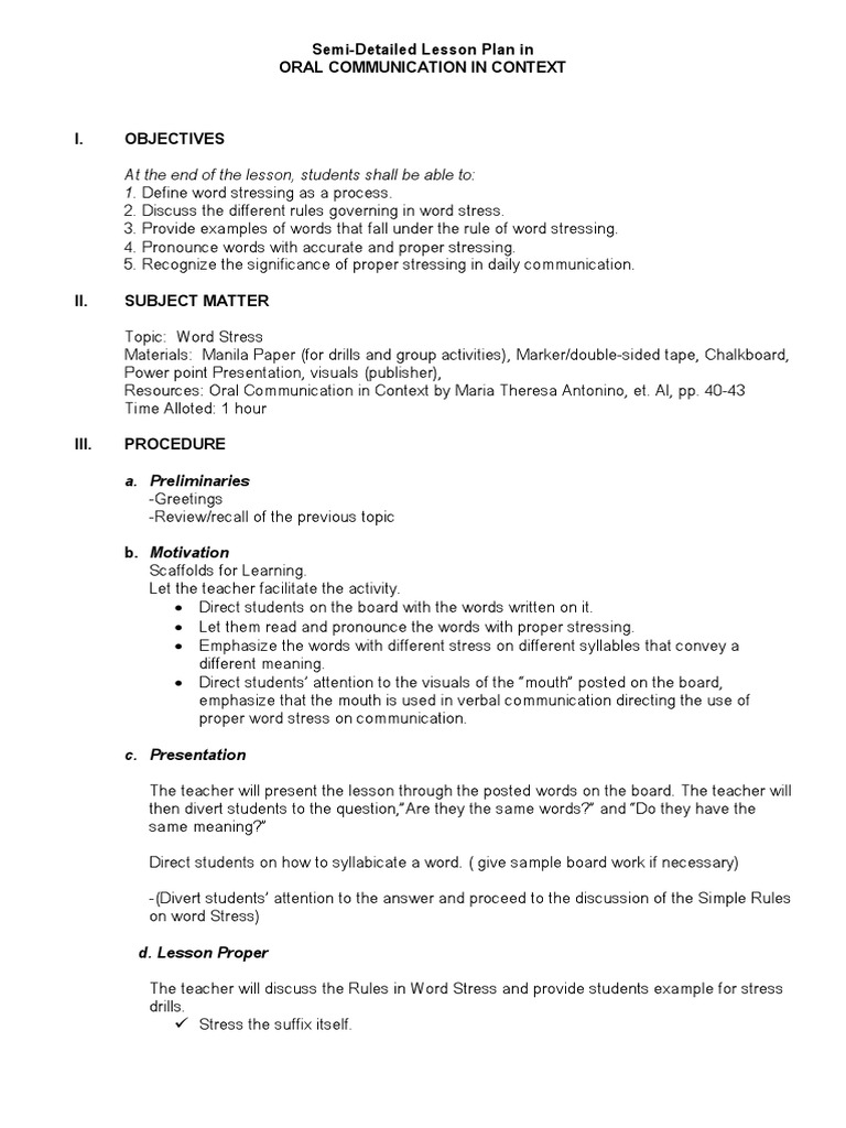 Semi-Detailed Lesson Plan in Word Stress OCC | PDF | Stress (Linguistics) | Word
