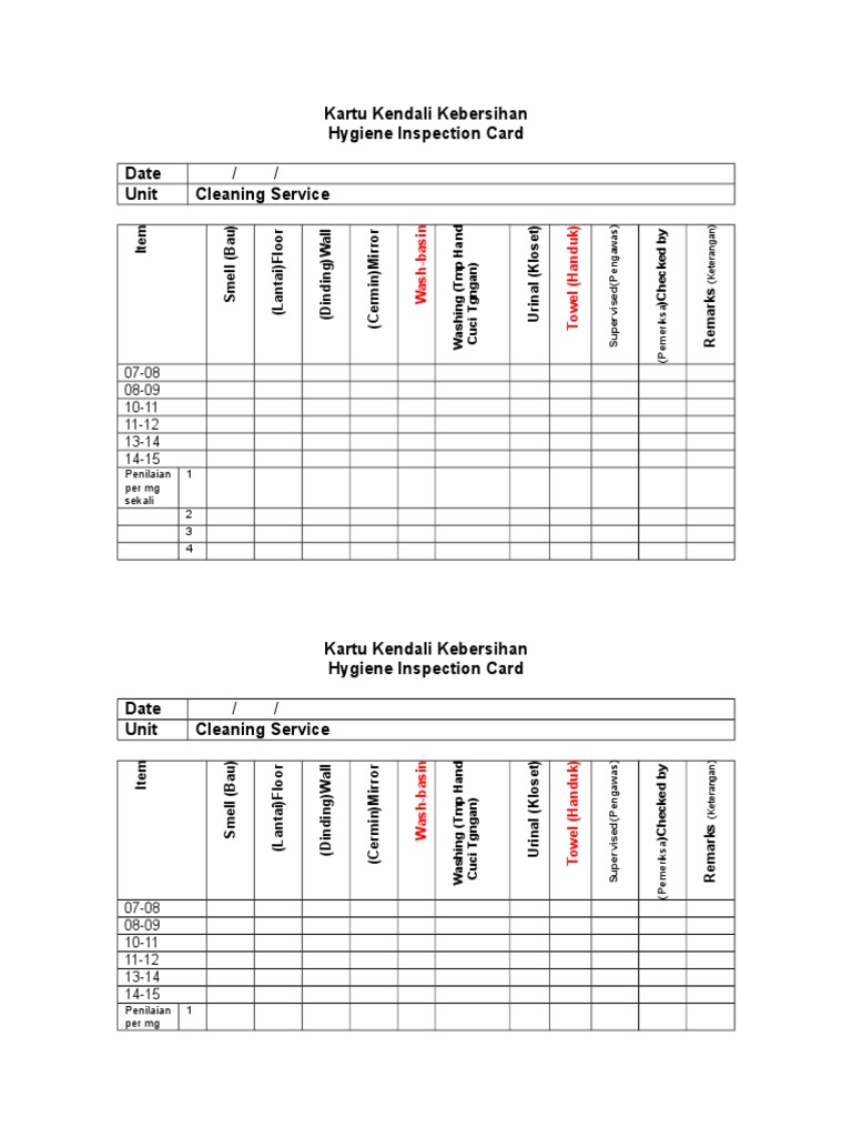 Hygiene Inspection Card: A Document Recording Cleanliness Ratings of ...
