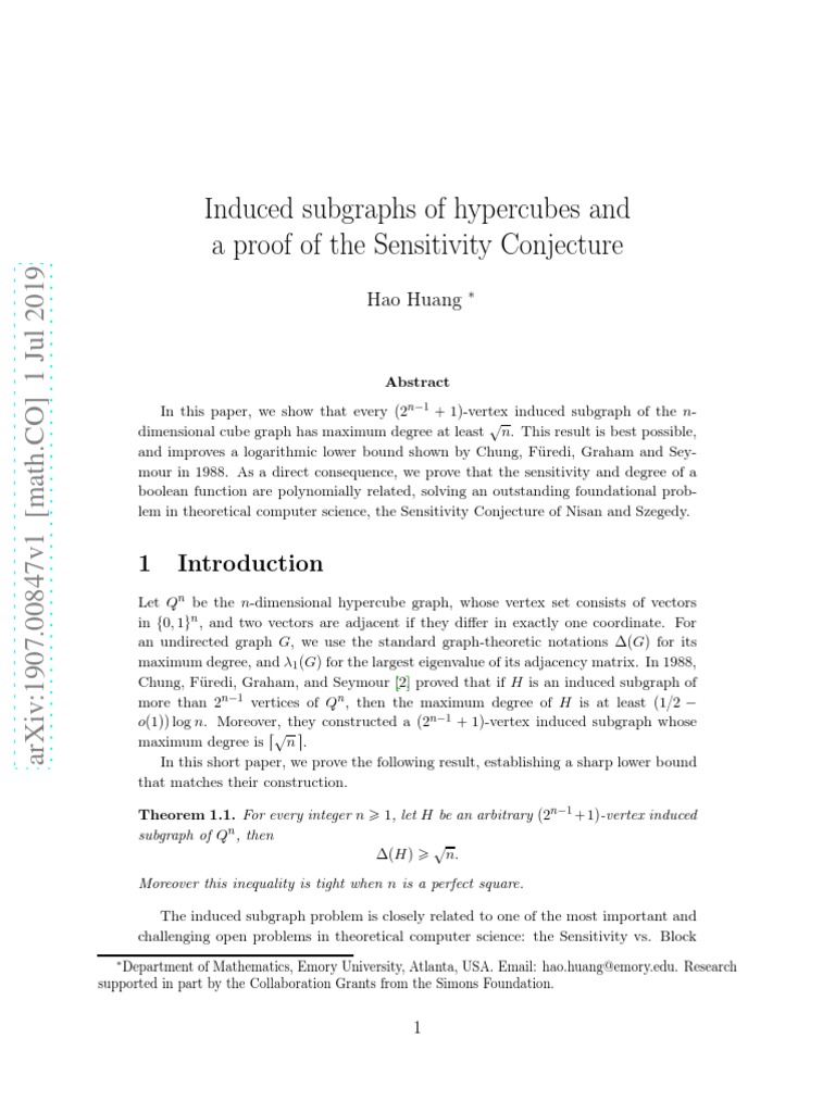 Paper Induced Subgraphs of Hypercubes and A Proof of The Sensitivity Conjecture | PDF ...