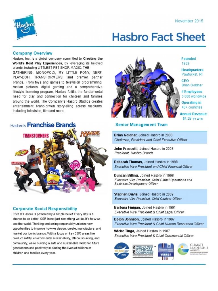 Hasbro Company Overview and CSR Fact Sheet | PDF | Hasbro | Entertainment