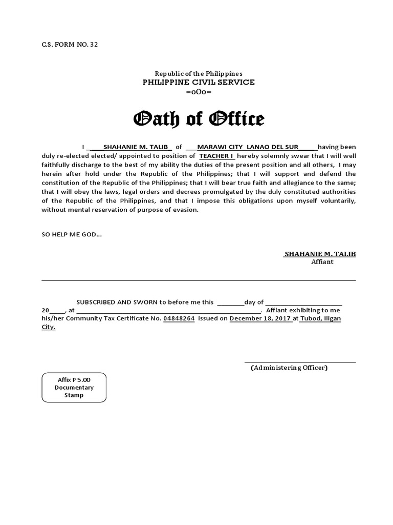 Oath of Office: Philippine Civil Service Ooo | PDF