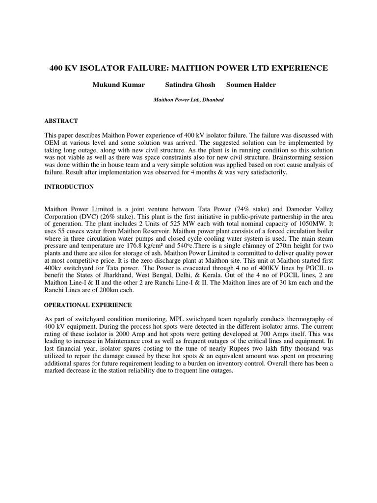 MPL 400 KV Isolator Failure Analysis | PDF | Electricity | Nature