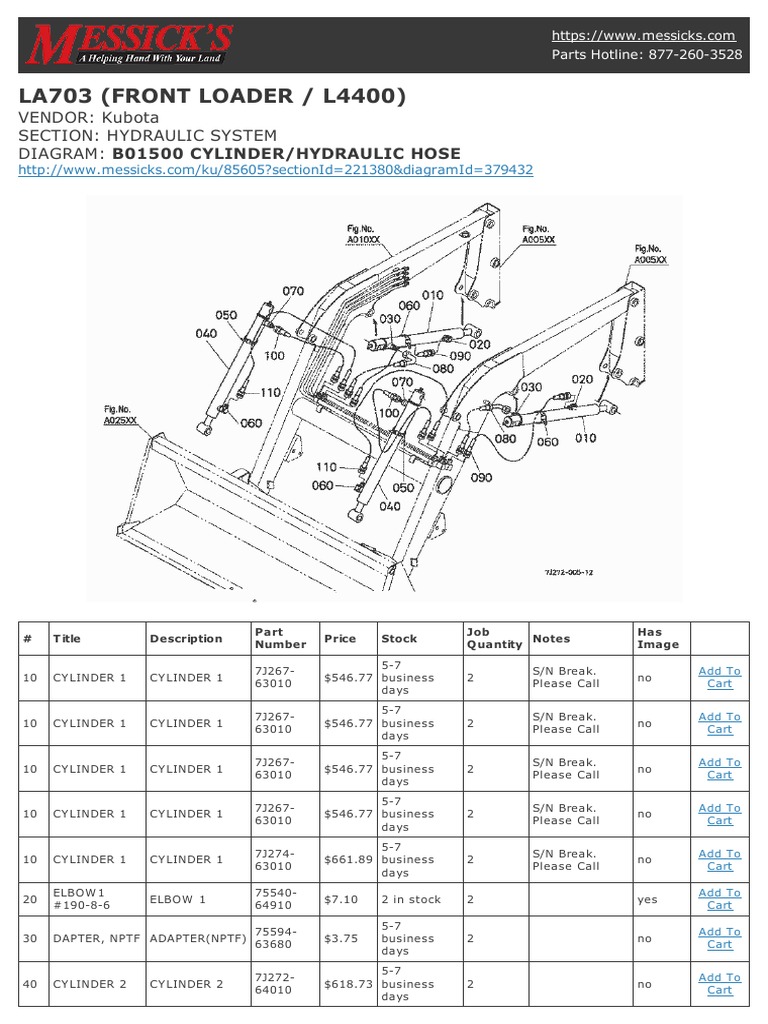 Kubota L4400 Front Loader Hydraulic Cylinder and Hose Replacement Parts ...
