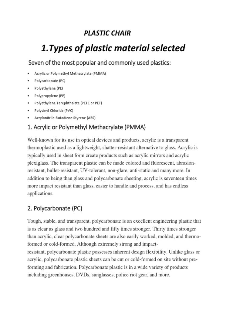 1.types of Plastic Material Selected | PDF | Poly(Methyl Methacrylate ...