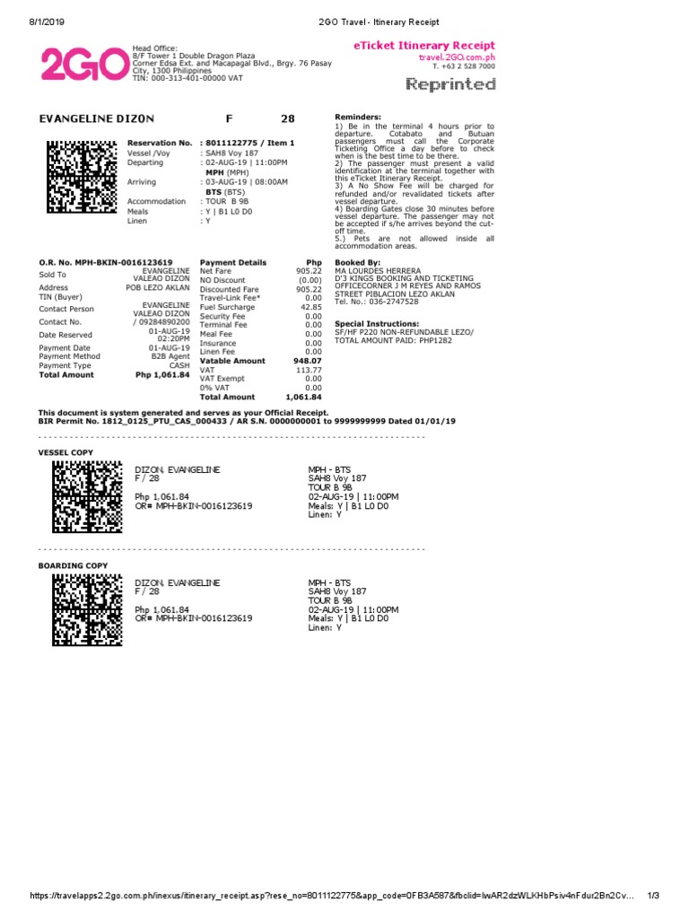 2GO Travel Itinerary Receipt 2019 | PDF | Identity Document | Ticket ...
