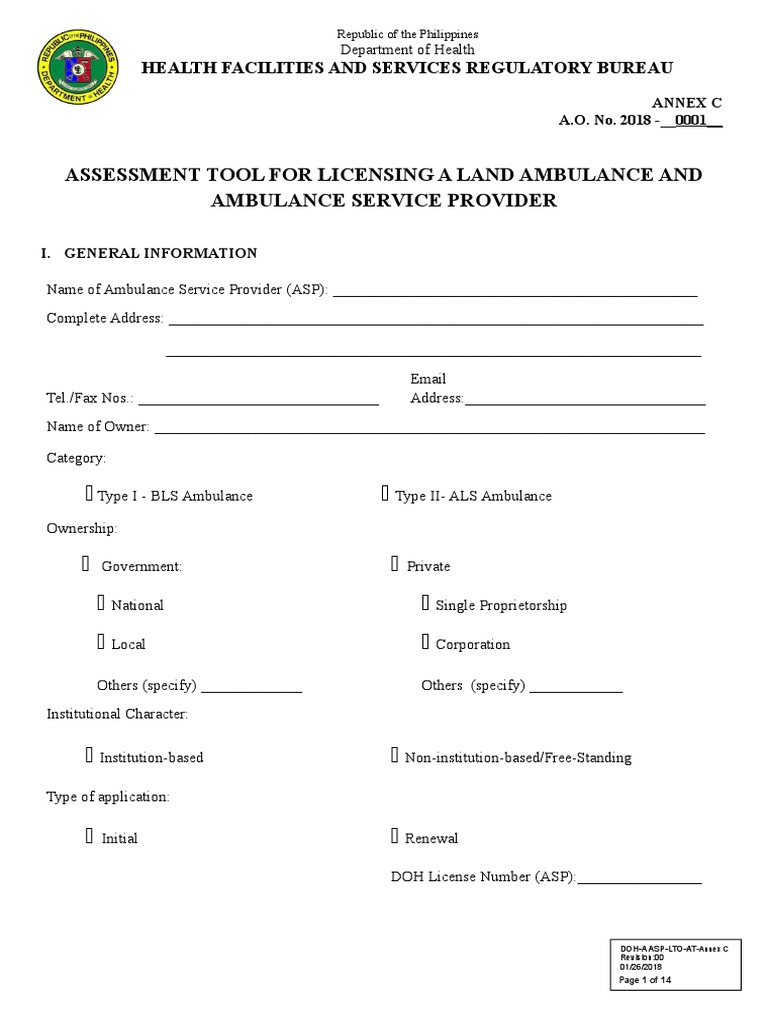 DOH Ambulance Licensing Assessment Tool | PDF | Emergency Medical ...