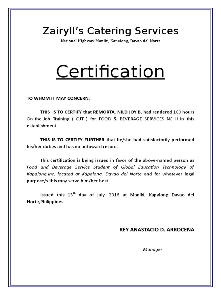 Certificate of Completion for Food and Beverage Services Training | PDF ...