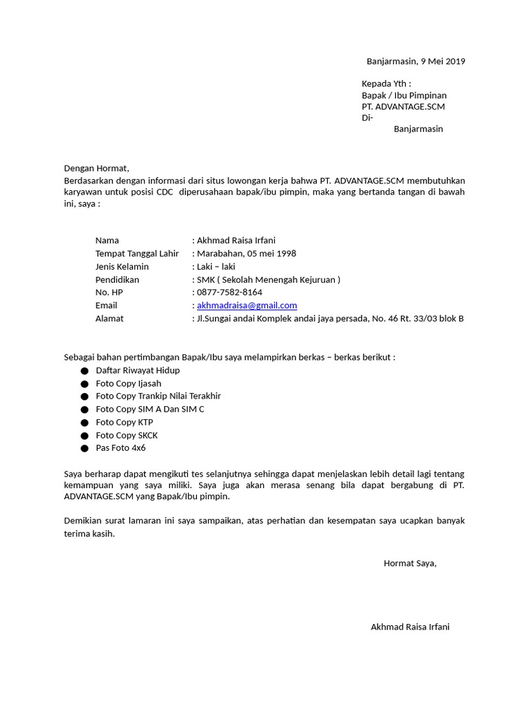 Contoh Surat Lamaran PT - Advantage | PDF