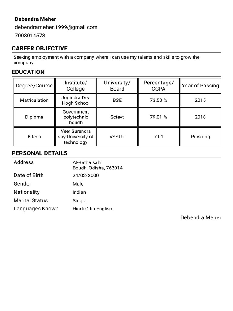 Debendra Meher's Resume and Career Objective | PDF