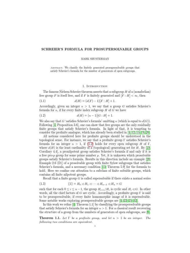 Schreier's Formula For Prosupersolvable Groups | PDF | Group (Mathematics) | Index Of A Subgroup