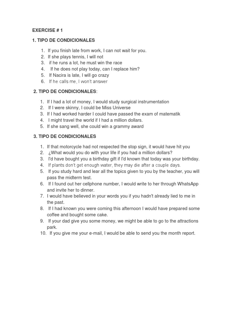 Exercise # 1 1. Tipo de Condicionales | PDF | Language Arts ...