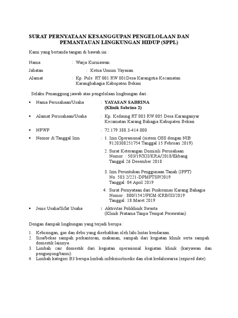 Contoh Permohonan SPPL Sabrina | PDF