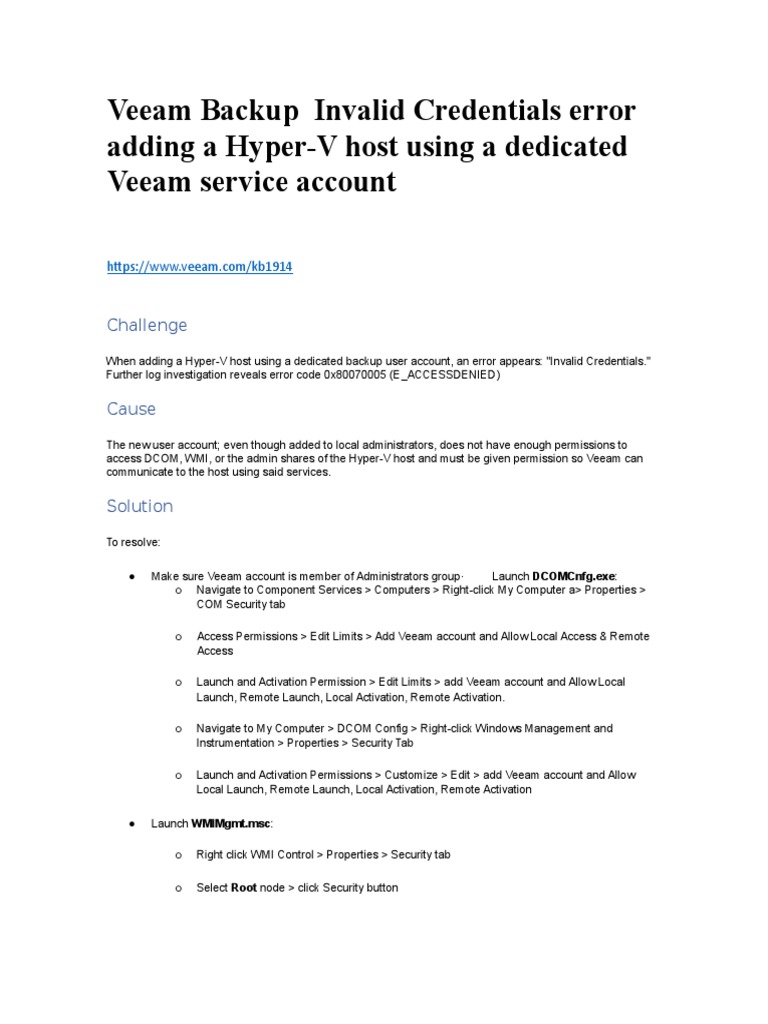 Veeam Backup Invalid Credentials Error Adding A Hyper | PDF | Hyper V | Windows Registry