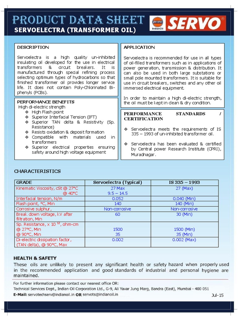 IOCL Transformer Oil Datasheet | PDF | Transformer | Electrical Equipment