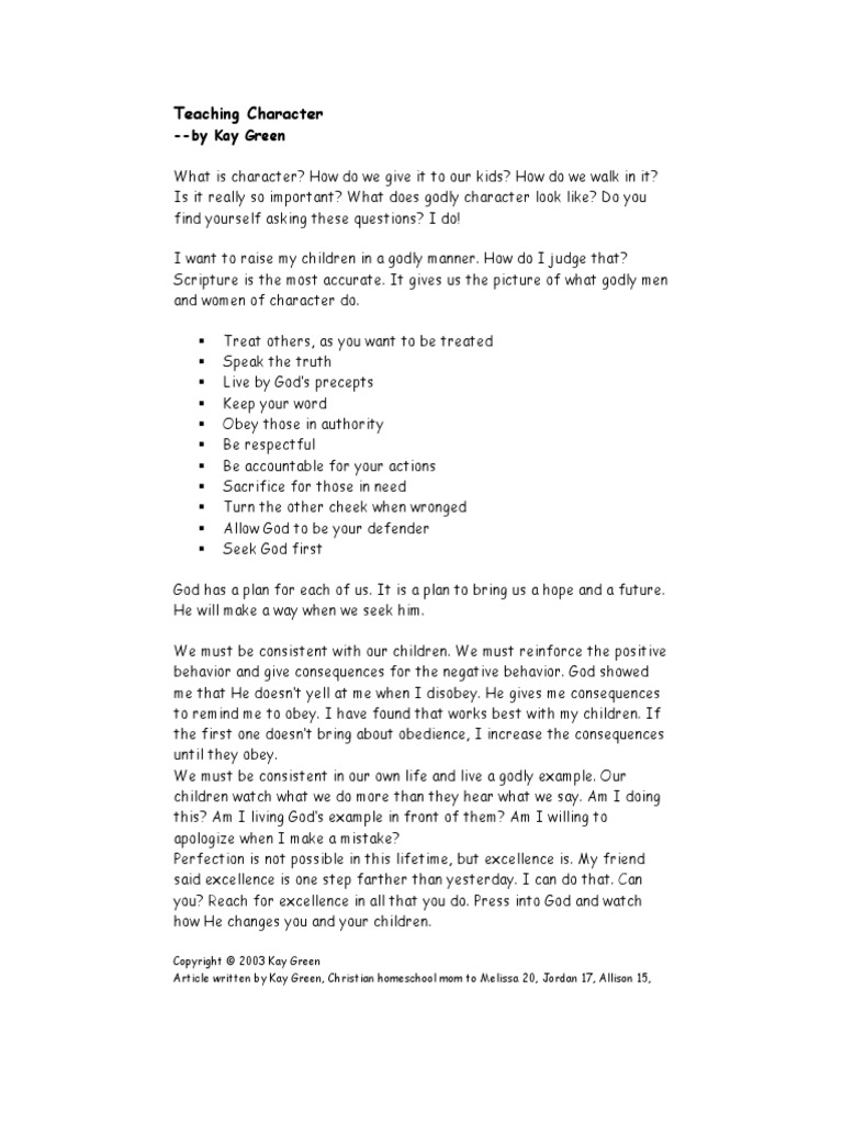 Teaching Character: - by Kay Green | PDF