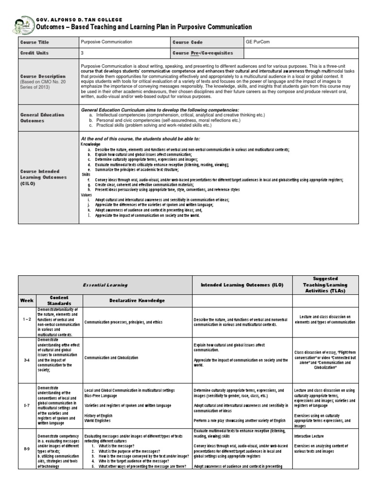 Purposive Communication Course Outline | PDF | Cross Cultural ...
