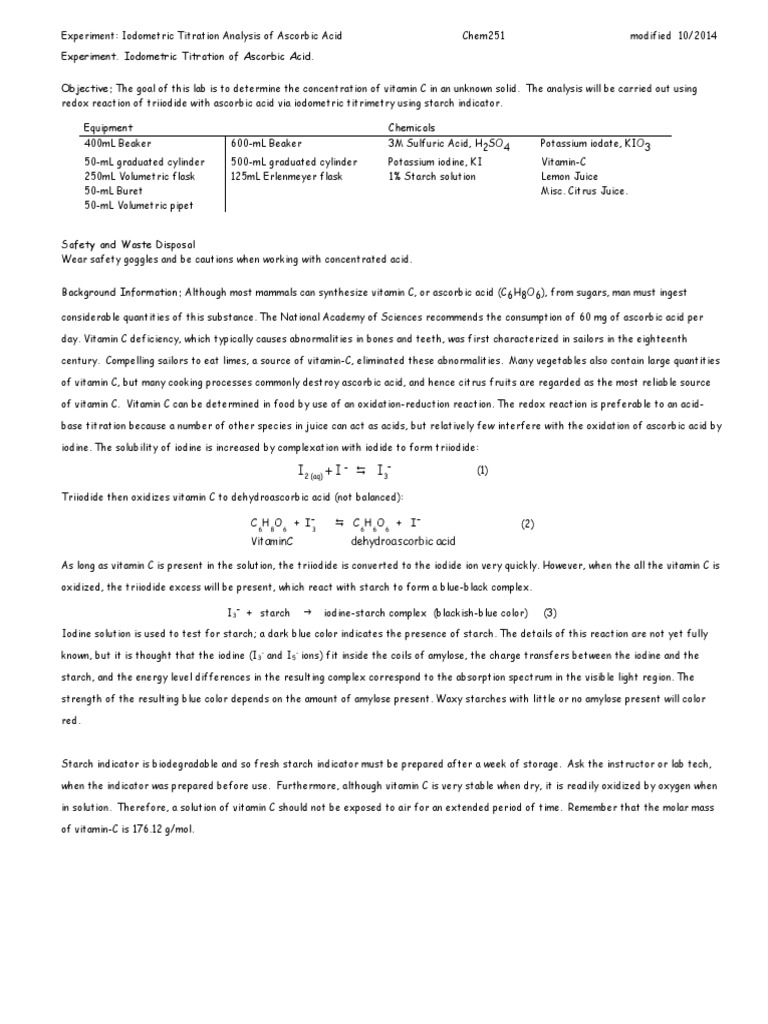 Iodometric Titration of Vitamin C PDF | PDF | Titration | Chemistry