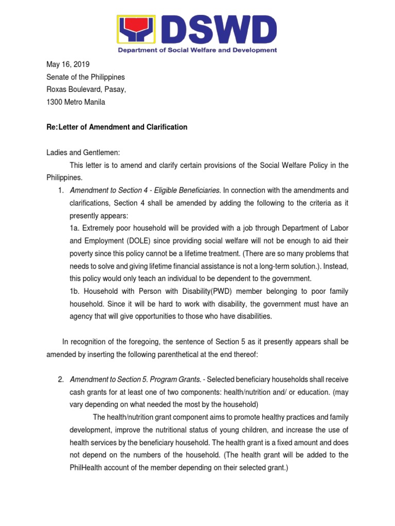Re: Letter of Amendment and Clarification | PDF | Welfare | Employment