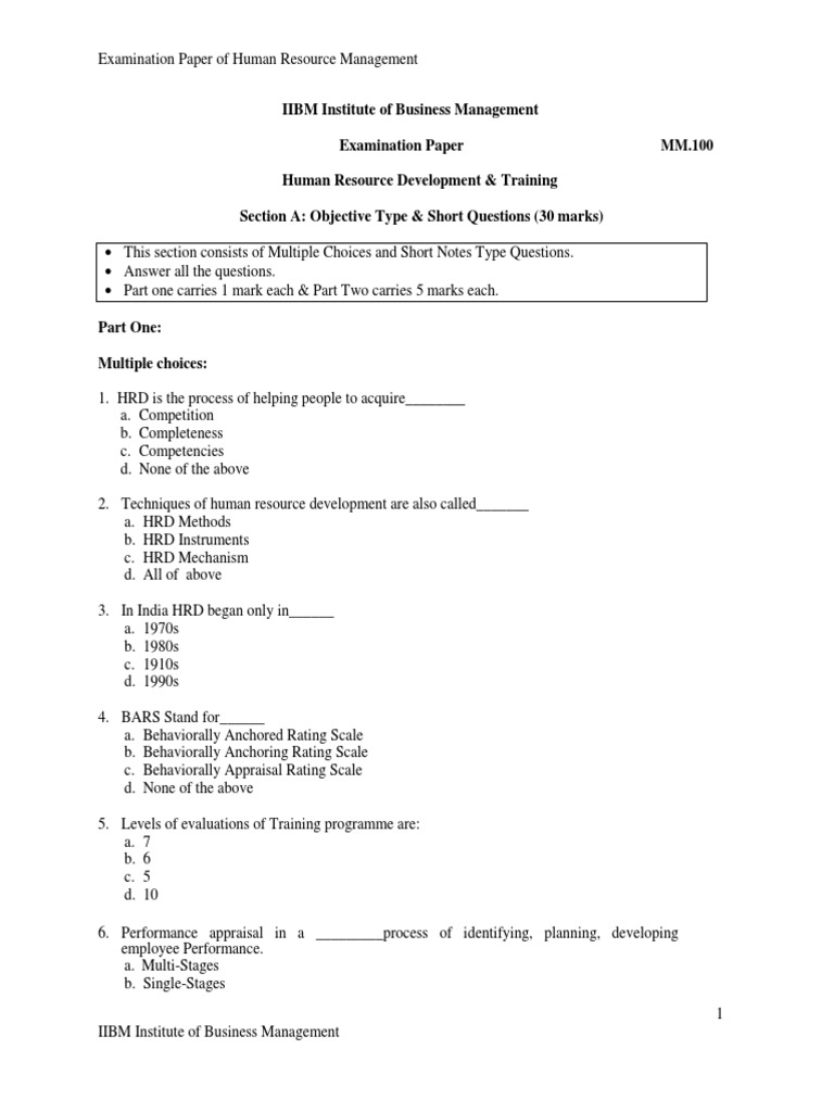 Examination Paper of Human Resource Management PDF | PDF | Performance ...
