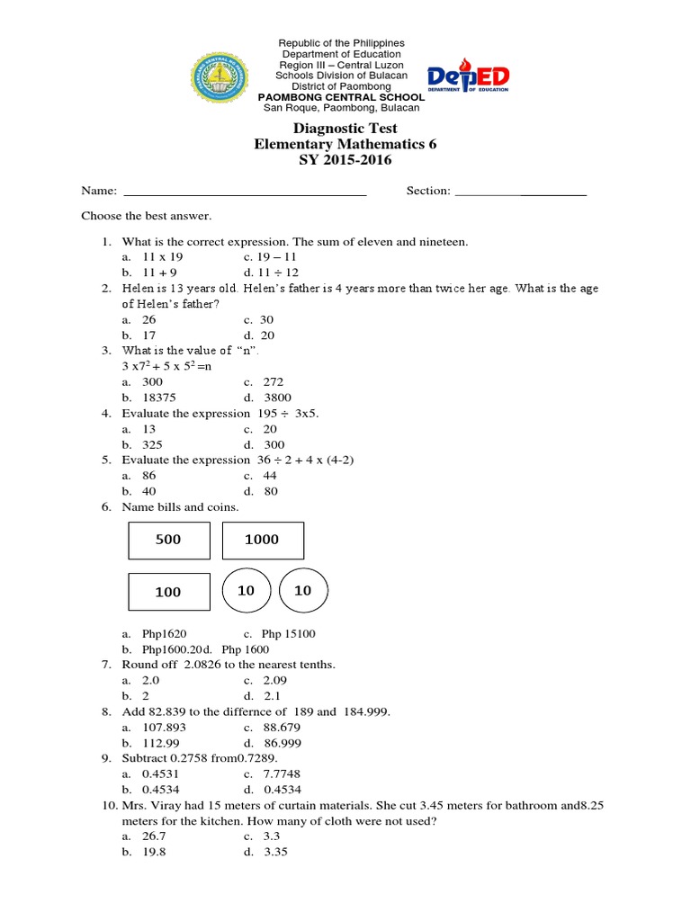 Diagnostic Test Elementary Mathematics 6 SY 2015-2016: Paombong Central ...