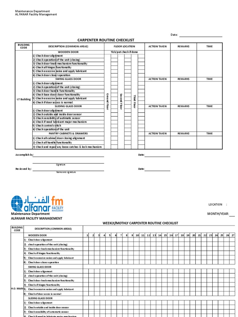 Carpenter Routine Checklist: Maintenance Department AL FANAR Facility ...