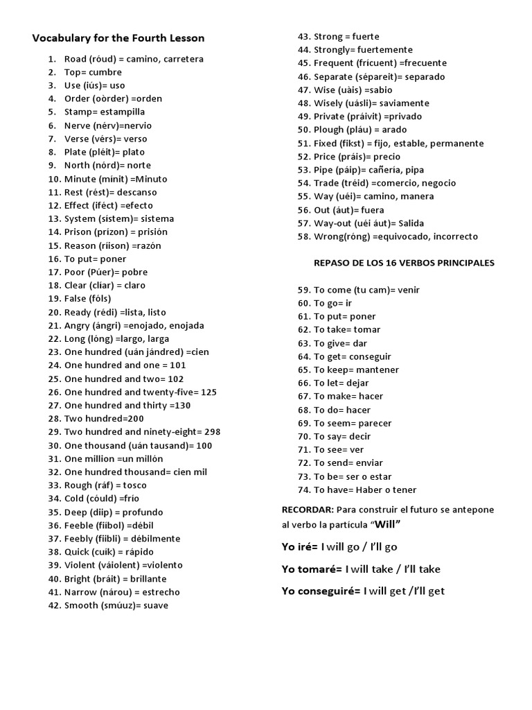 Fourth Lesson Vocabulary List | PDF