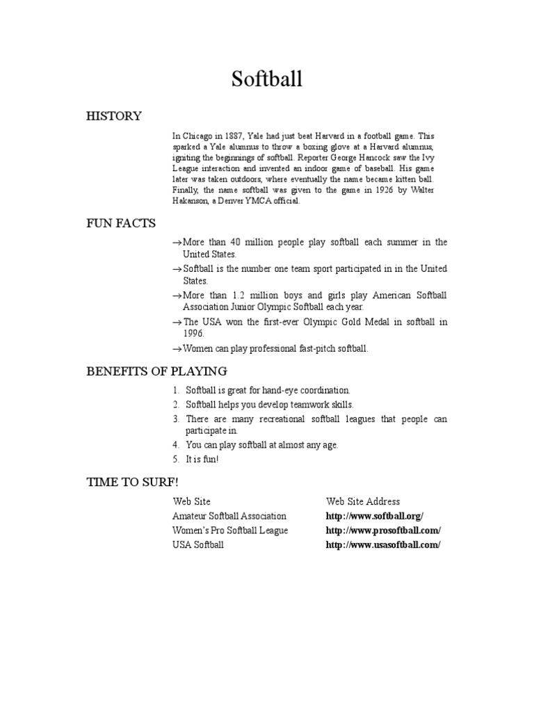 Softball: History | PDF | Softball | Baseball Field