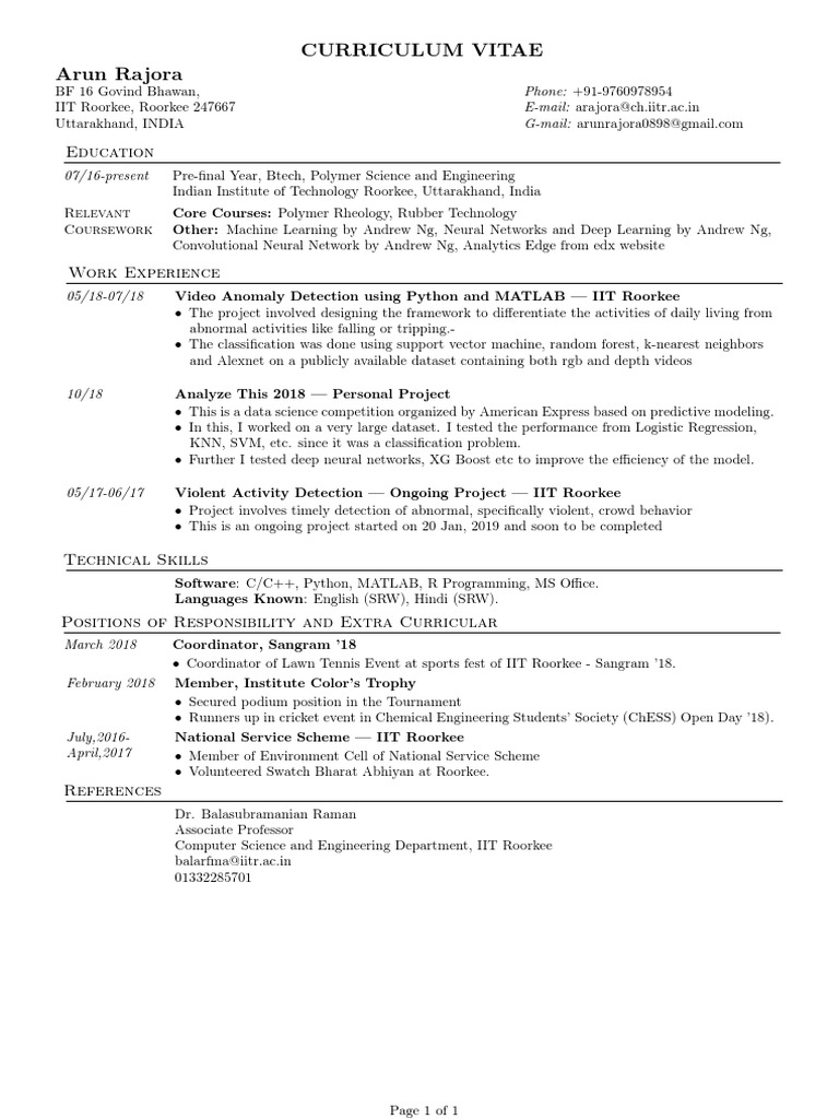 Curriculum Vitae Arun Rajora: Education | PDF | Artificial Neural Network | Deep Learning