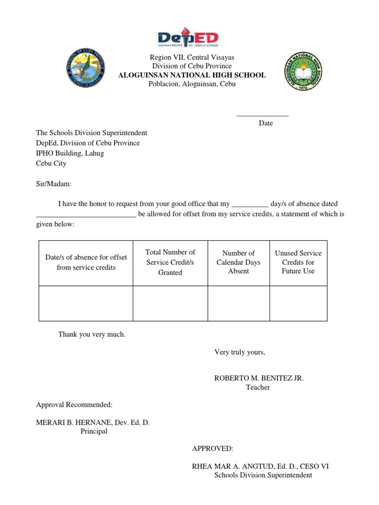 Request for Approval of Absence Offset from Service Credits by Roberto ...