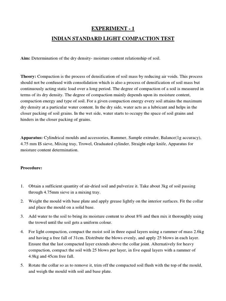 Experiment - 1 Indian Standard Light Compaction Test | PDF | Soil | Density