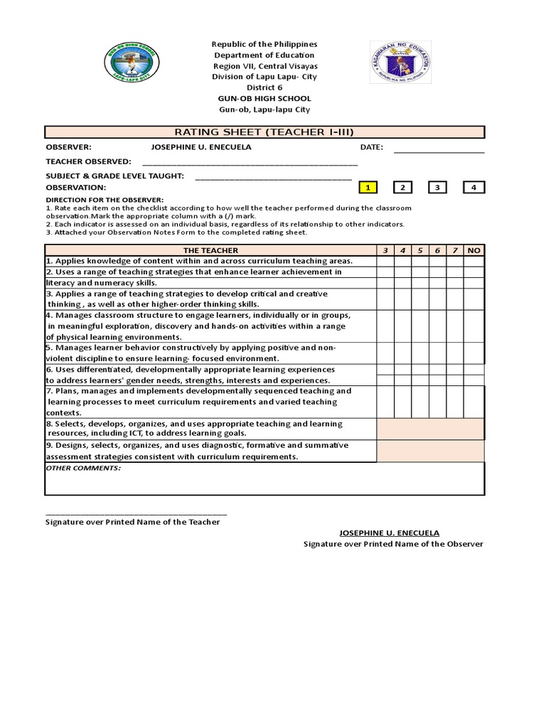Rating Sheet (Teacher I-Iii) : Direction For The Observer | PDF ...