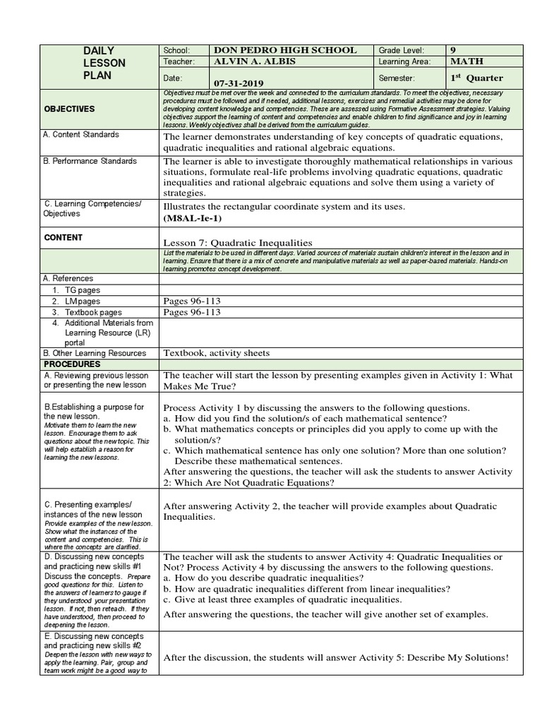 9th Grade Math Lesson Plan: Quadratic Inequalities | PDF | Question ...