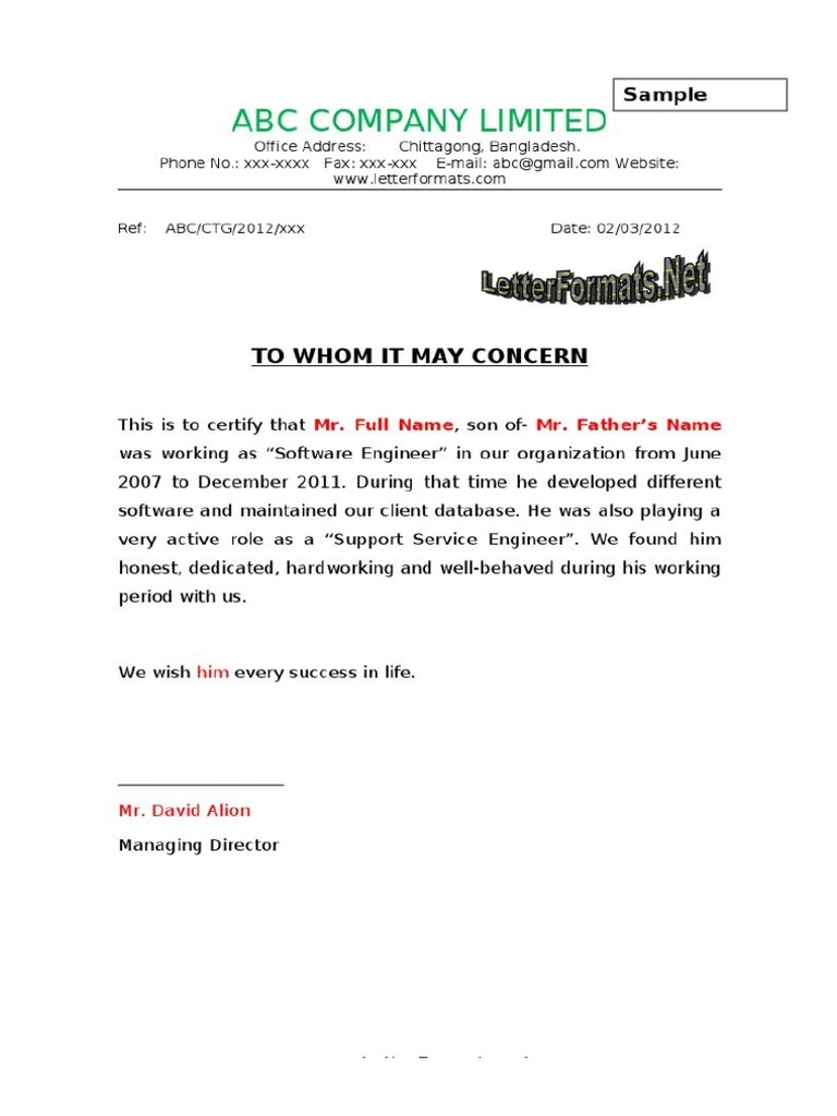 Whomsoever May Concern Experience Certificate Format Certificate Letter ...