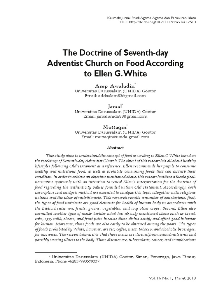 The Doctrine of Seventh-Day Adventist Church On Food According To Ellen ...