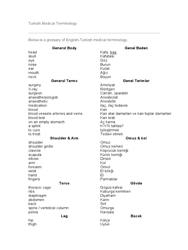 Turkish Medical Terminology: General Body Genel Beden | PDF