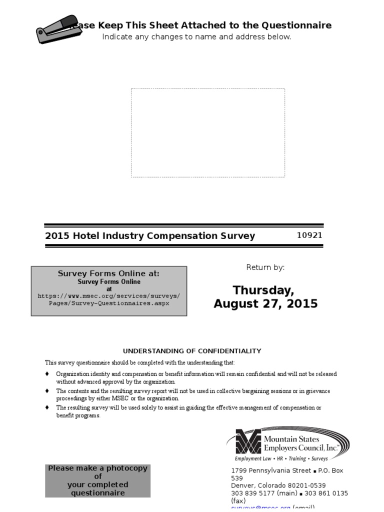 2015 Hotel Industry Survey Questionnaire | PDF | Gratuity | Chef