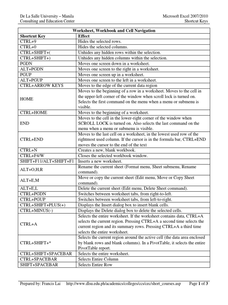 Excel 2007 Shortcut Keys | PDF | Microsoft Excel | Graphical User Interfaces