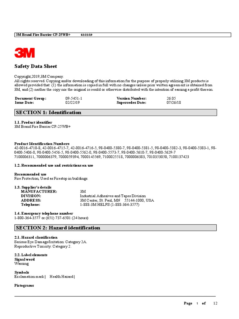 Safety Data Sheet: 3M Brand Fire Barrier CP-25WB+ | PDF | Personal ...
