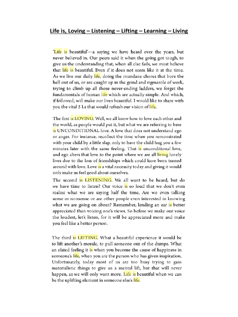Life Is, Loving - Listening - Lifting - Learning - Living | PDF | Self ...