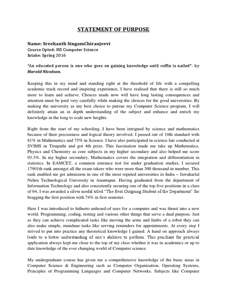 Statement of Purpose: Name: Sreekanth Singamchiranjeevi | PDF | Science ...