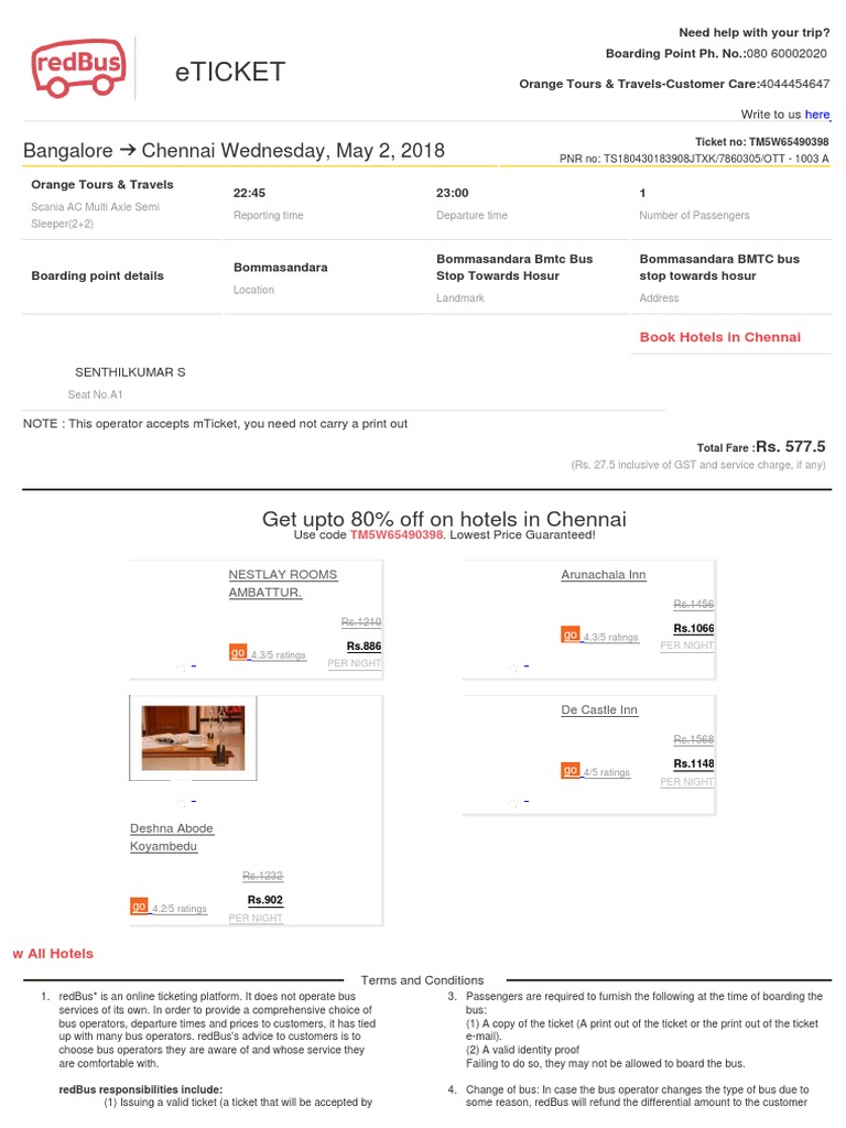 RedBus Ticket TM5W65490398 | PDF | Ticket (Admission) | Baggage