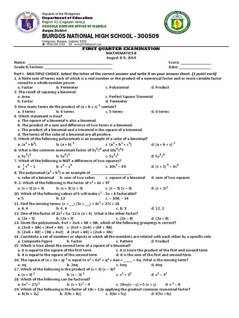 2018 Math 8 1st Quarter | PDF | Factorization | Polynomial