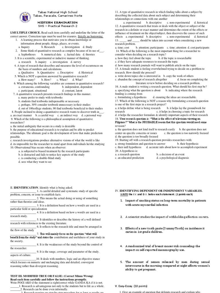 Sample Test Paper in Practical Research 2 | PDF | Quantitative Research ...