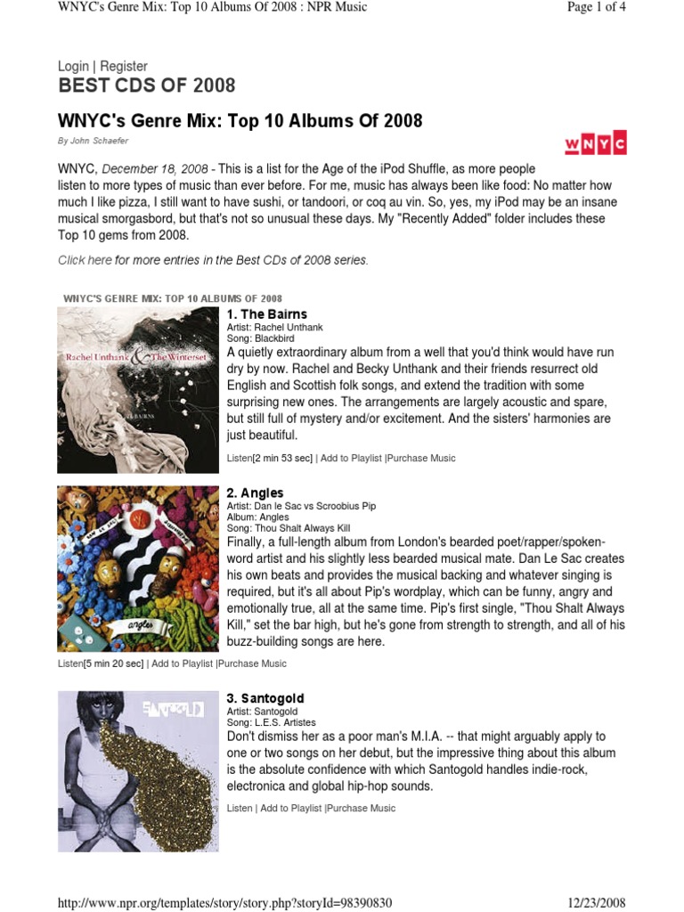 Best Cds of 2008: WNYC's Genre Mix: Top 10 Albums of 2008 | PDF ...